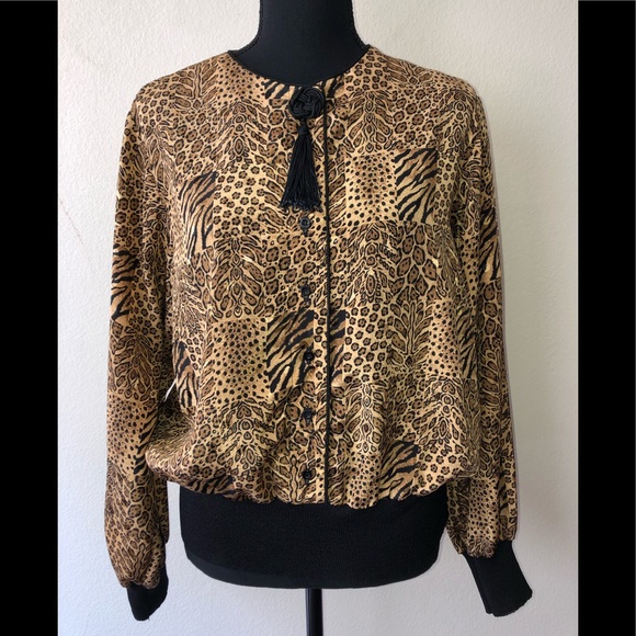 Vintage | Tops | Vintage 8s90s Leopard Animal Print Silky Blouson ...